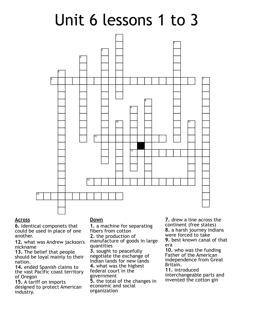 Unit 6 lessons 1 to 3 Crossword - WordMint