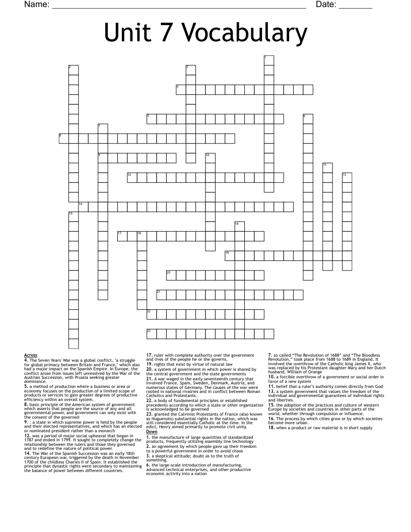 Unit 7 Vocabulary Crossword - WordMint
