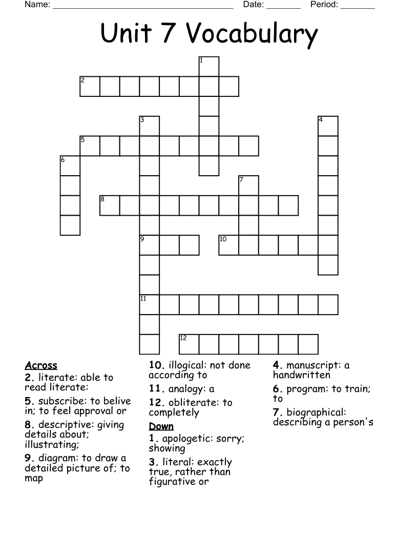 Unit 7 Vocabulary Crossword - WordMint