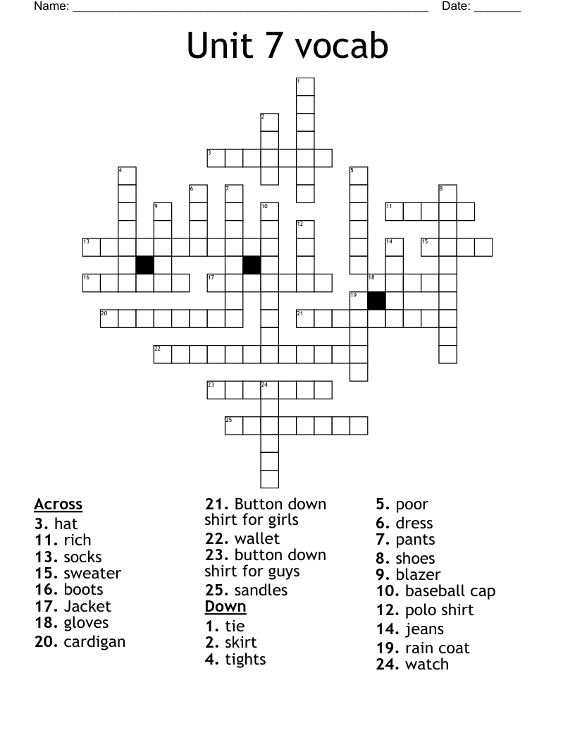 French Clothing Crossword WordMint