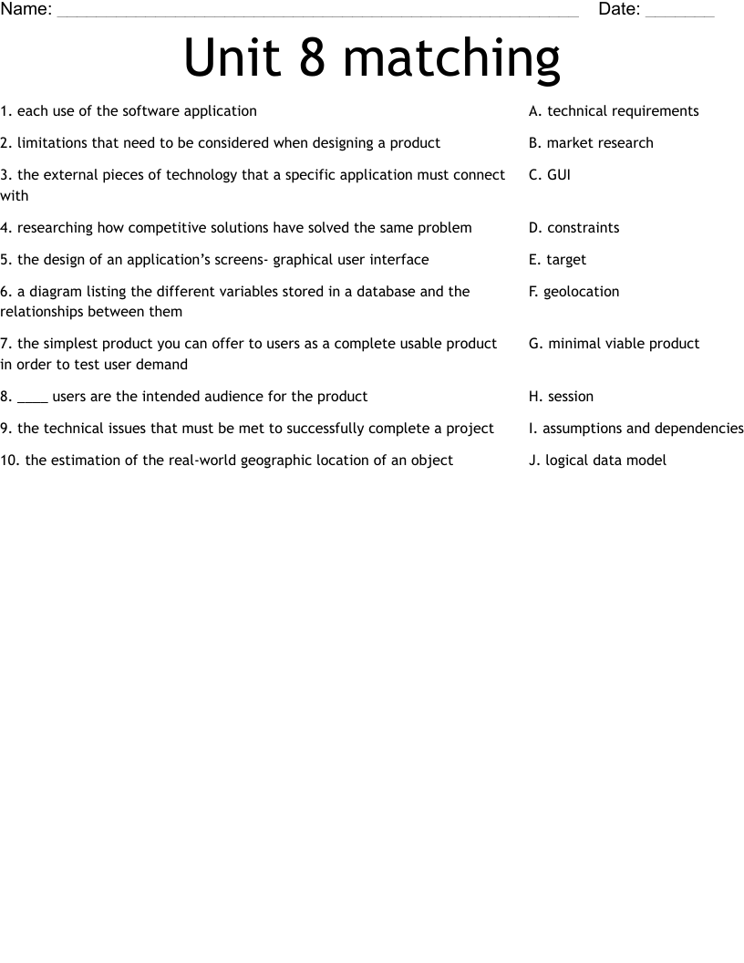 Unit 8 matching Worksheet - WordMint