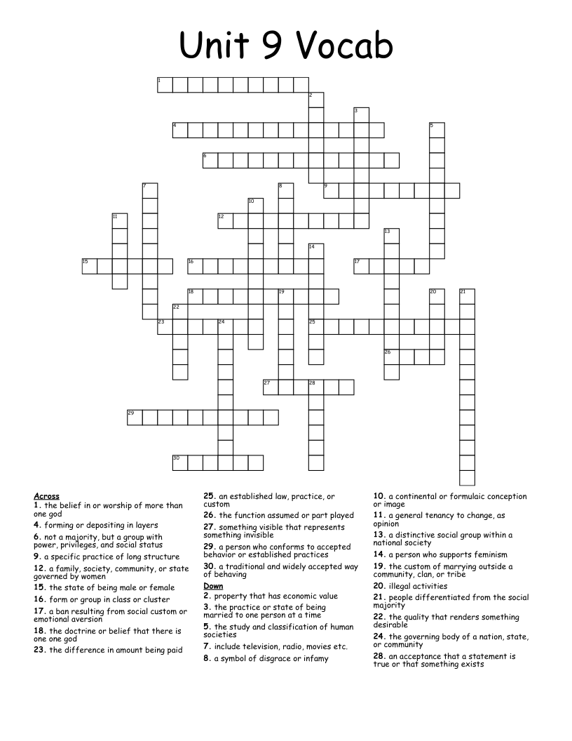 Unit 9 Vocab Crossword - WordMint
