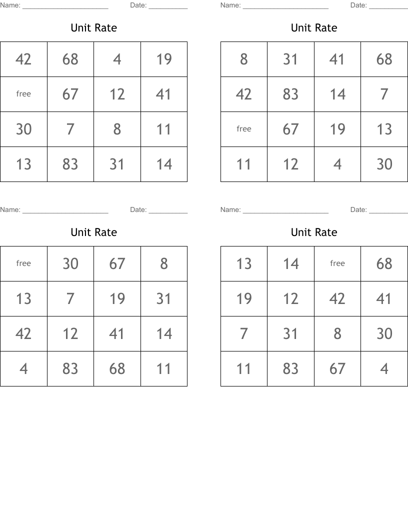 Unit Rate Bingo Cards - WordMint