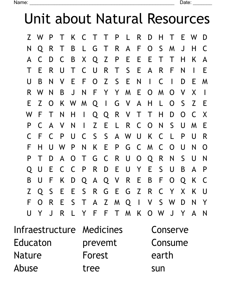 Unit about Natural Resources Word Search - WordMint