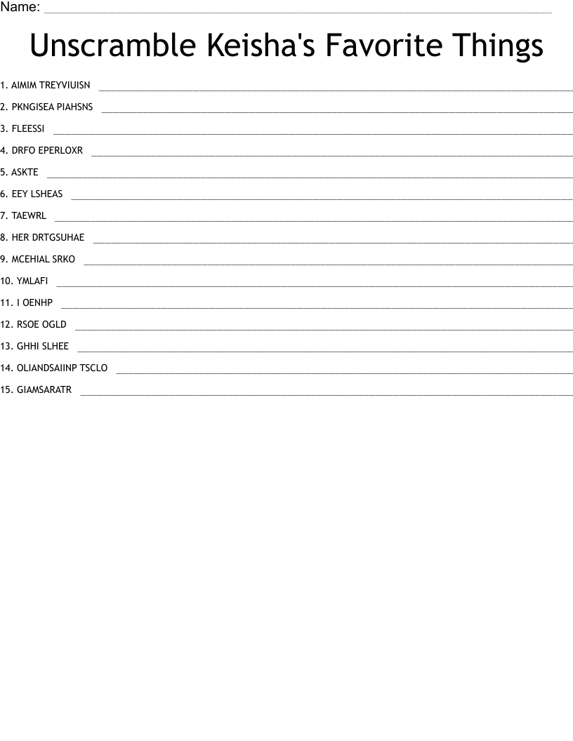 Unscramble Keisha's Favorite Things - WordMint