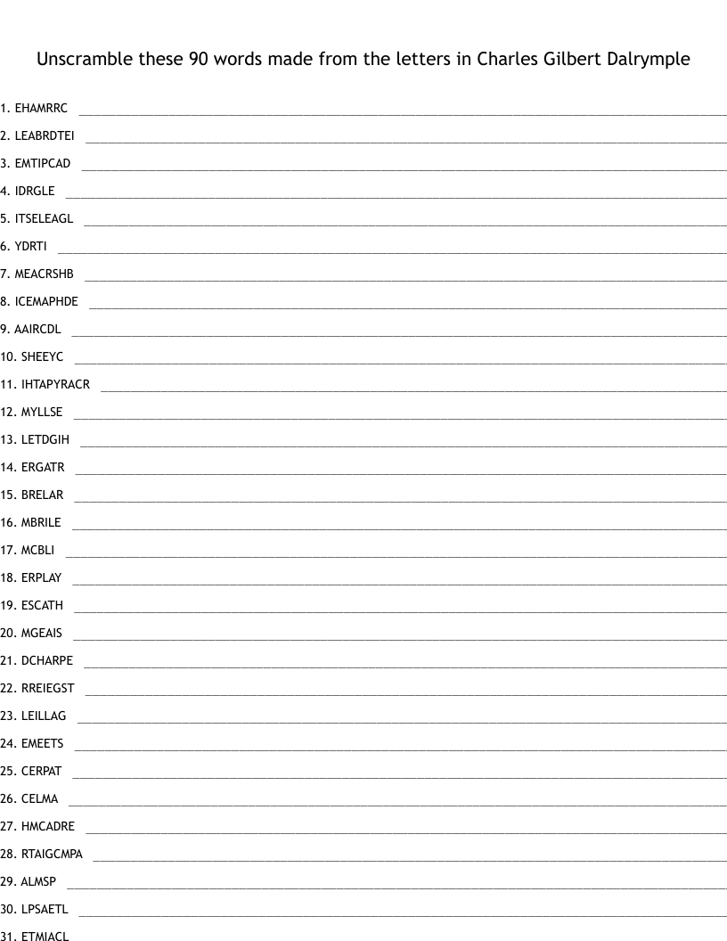 Unscramble these 90 words made from the letters in Charles Gilbert ...