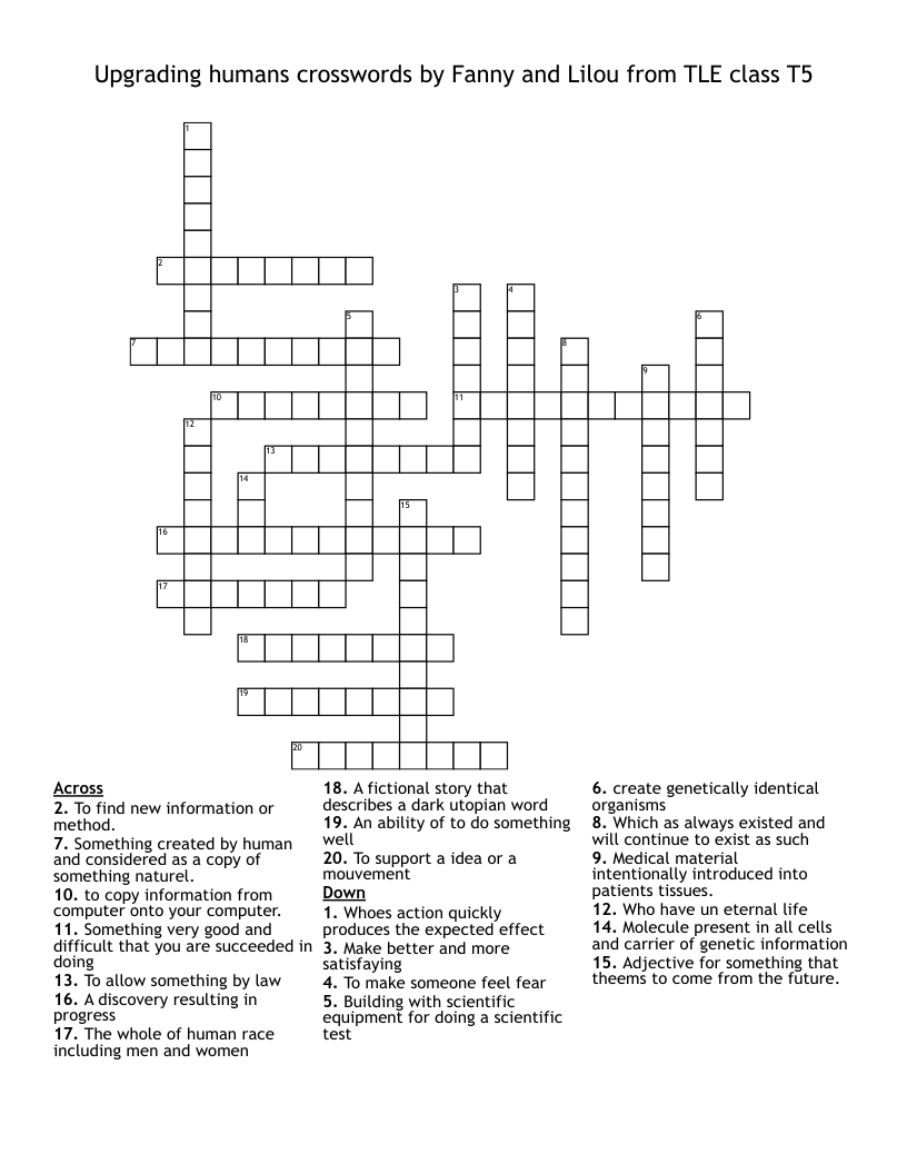 Upgrading humans crosswords by Fanny and Lilou from TLE class T5 - WordMint