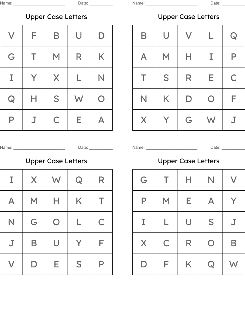 Upper Case Letters Bingo Cards - WordMint