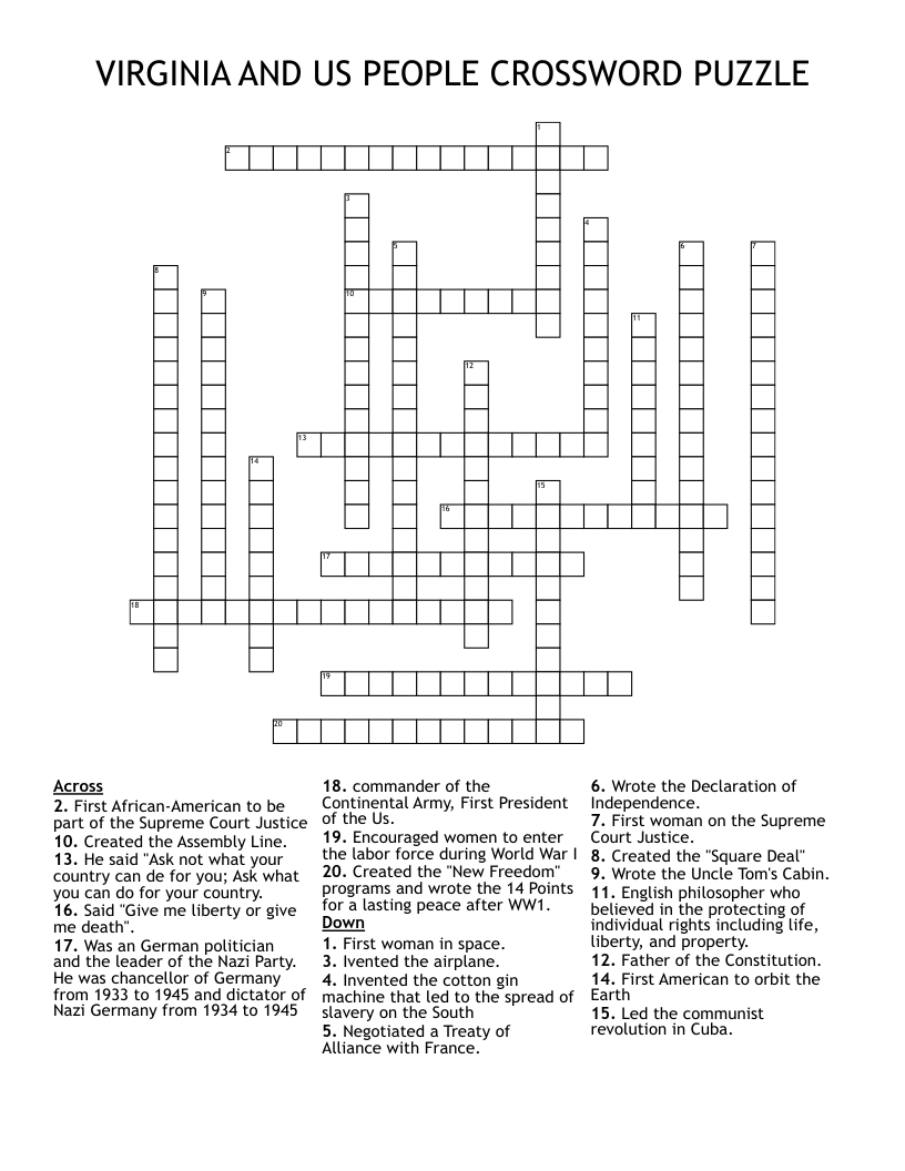 VIRGINIA AND US PEOPLE CROSSWORD PUZZLE - WordMint