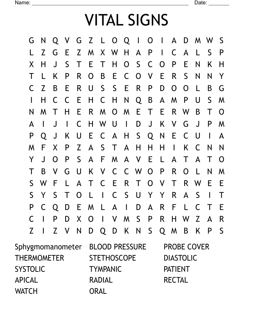 Vital Signs Bingo Cards WordMint