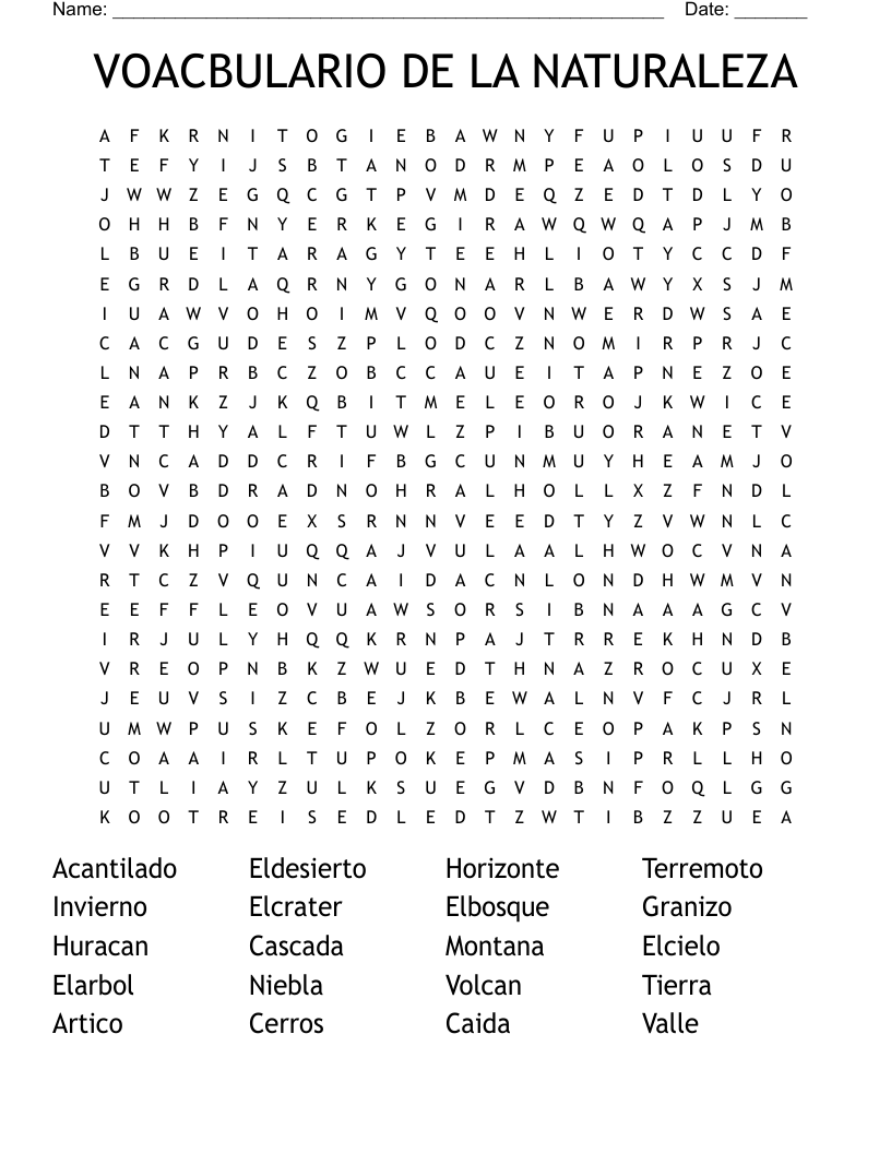 VOACBULARIO DE LA NATURALEZA Word Search - WordMint