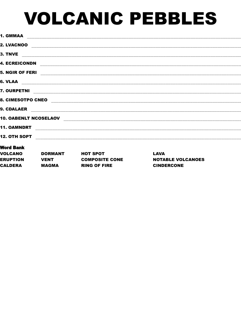 VOLCANIC PEBBLES Word Scramble - WordMint