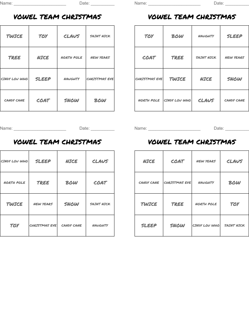 VOWEL TEAM CHRISTMAS Bingo Cards - WordMint