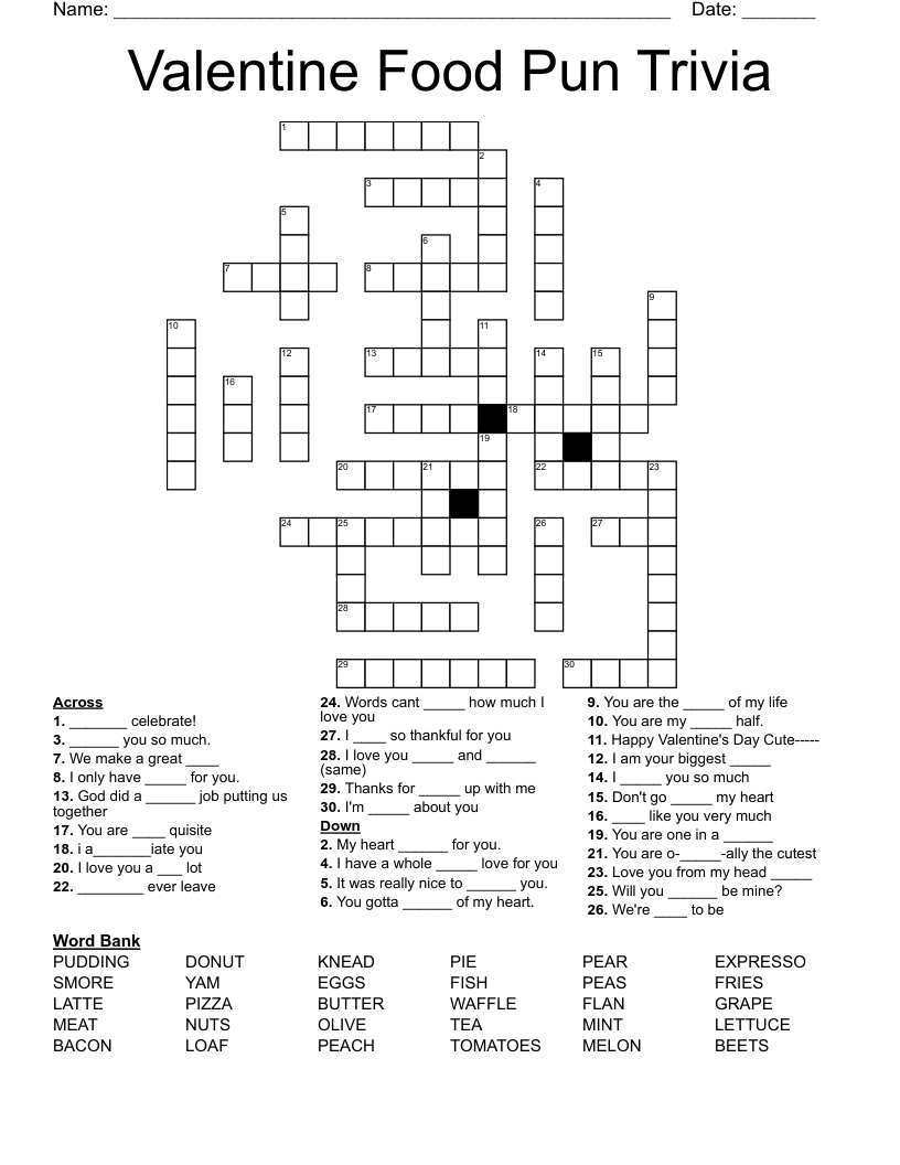 Valentine Food Pun Trivia Crossword - WordMint
