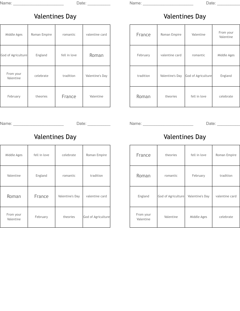 Valentines Day Bingo Cards - WordMint
