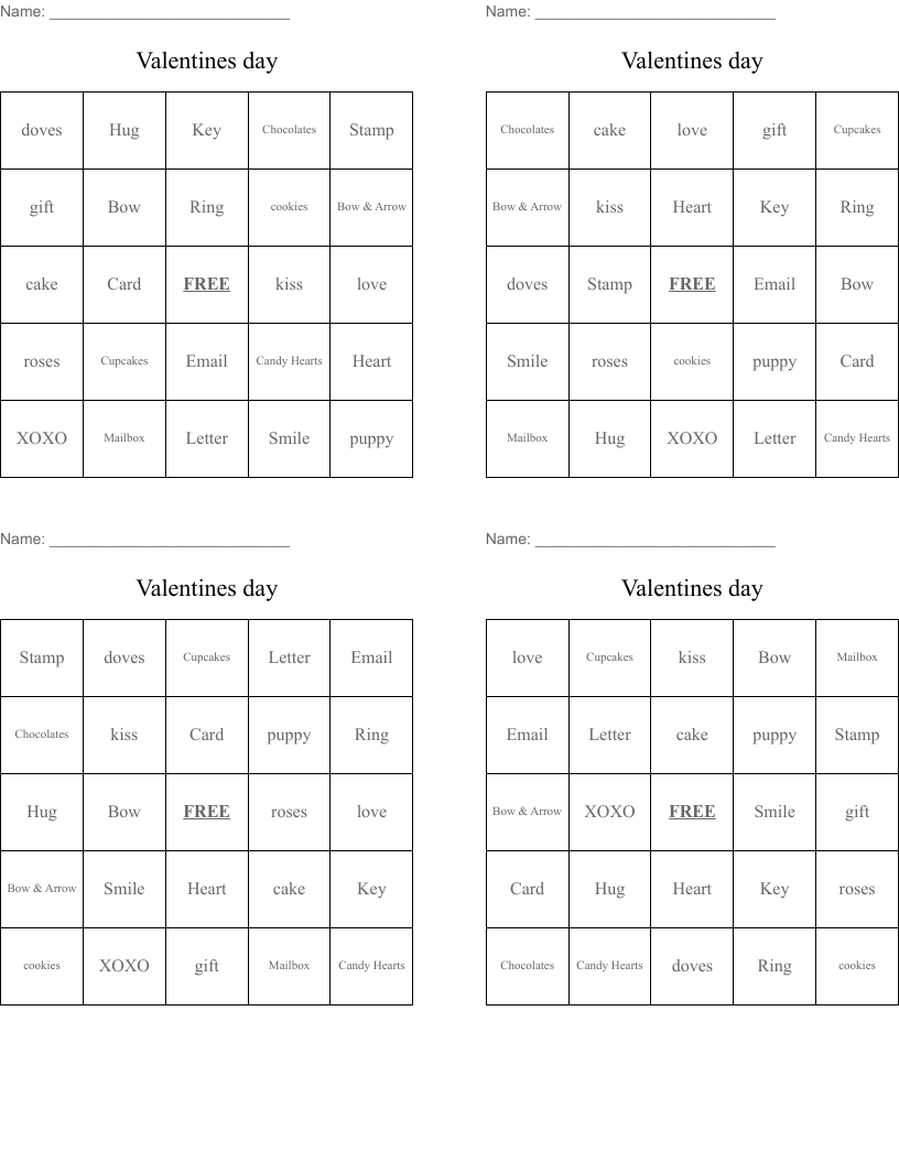 Valentines day Bingo Cards - WordMint