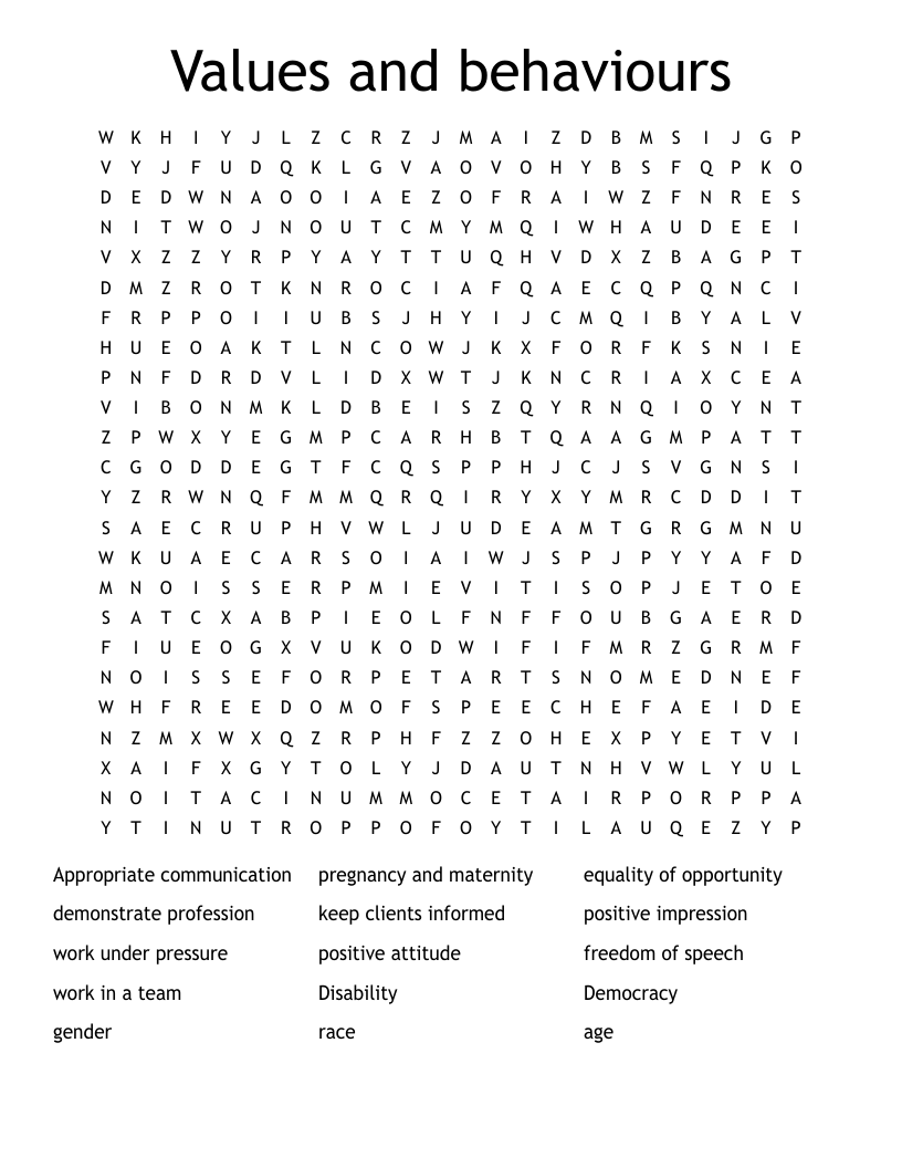 Values and behaviours Word Search - WordMint