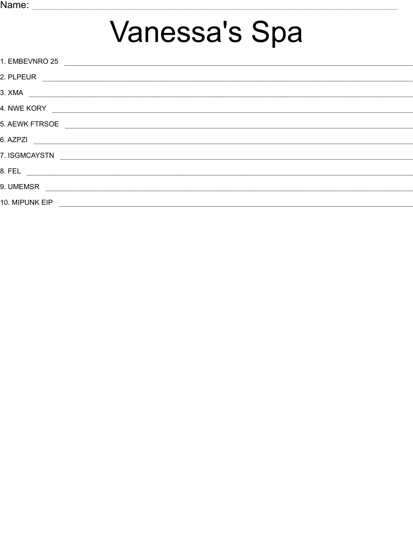 Vanessa's Spa Word Scramble - WordMint