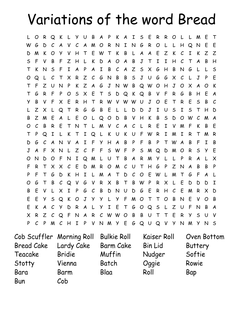 Variations Of The Word Bread Word Search WordMint