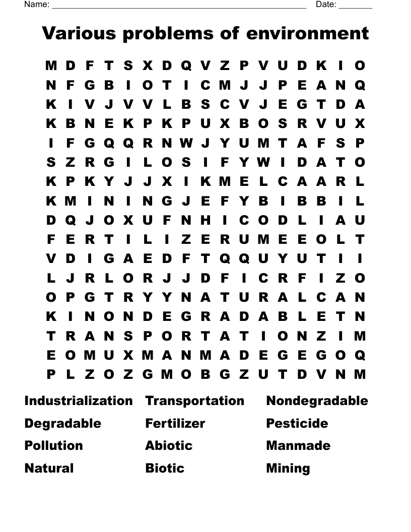 Various problems of environment Word Search - WordMint
