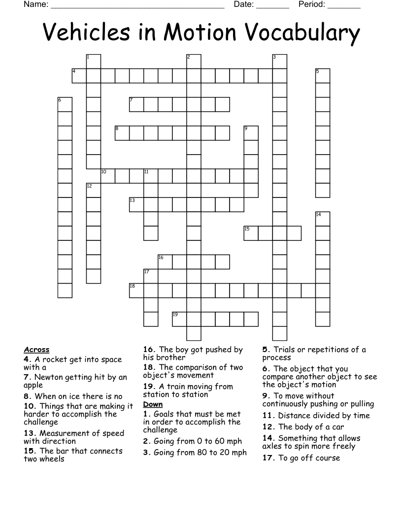 Vehicles in Motion Vocabulary Crossword - WordMint