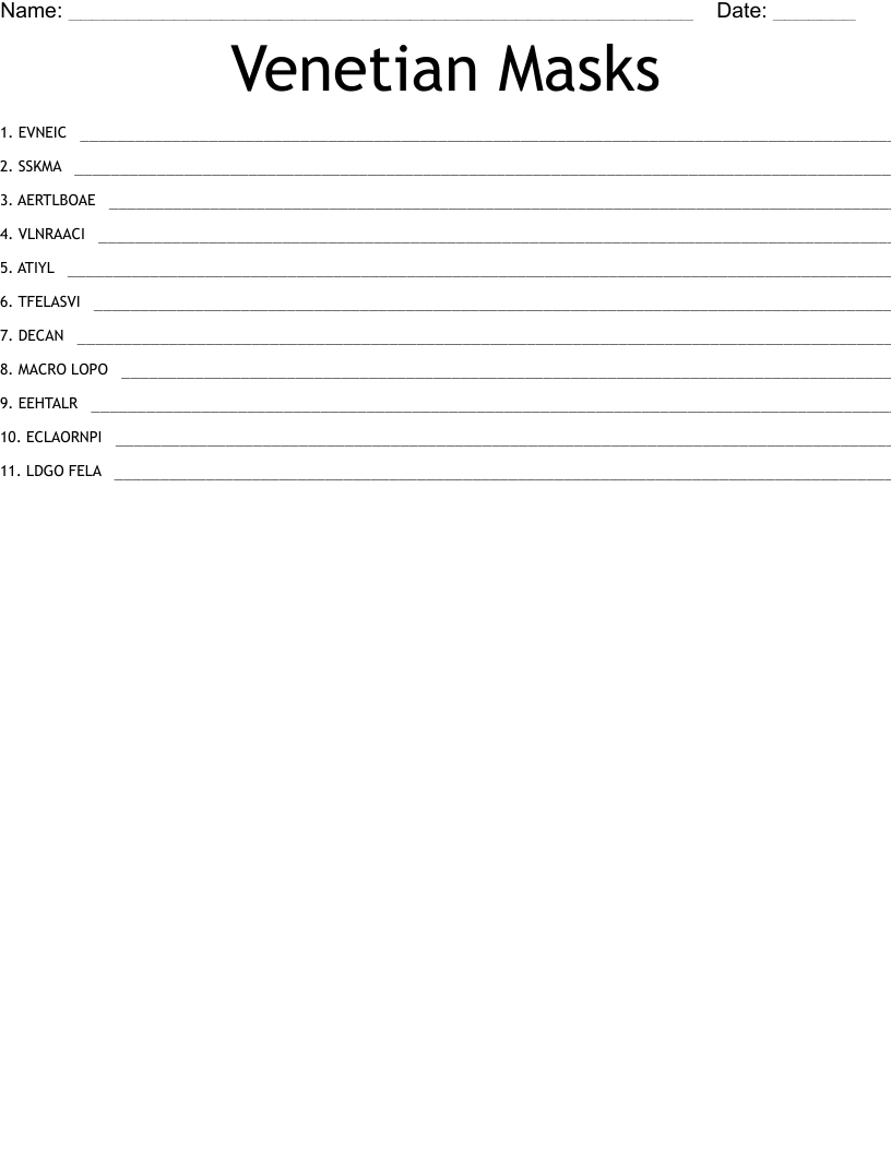 Venetian Masks Word Scramble - WordMint