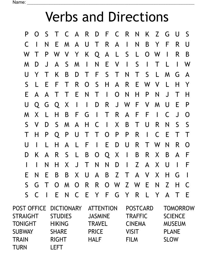 Verbs and Directions Word Search - WordMint