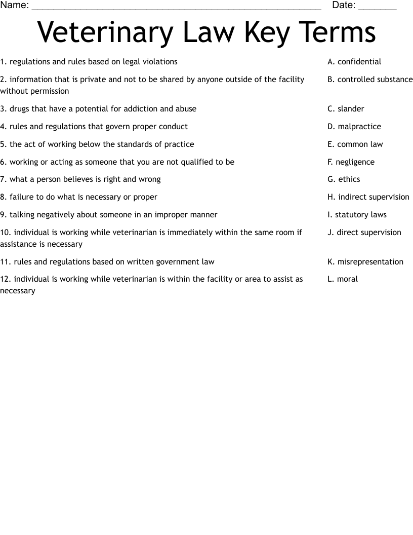 Veterinary Law Key Terms Worksheet WordMint
