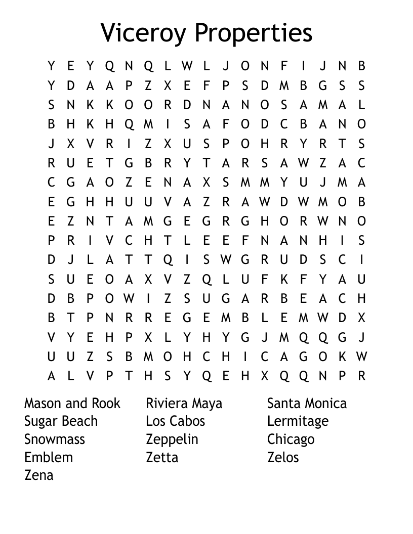 Viceroy Properties Word Search - WordMint