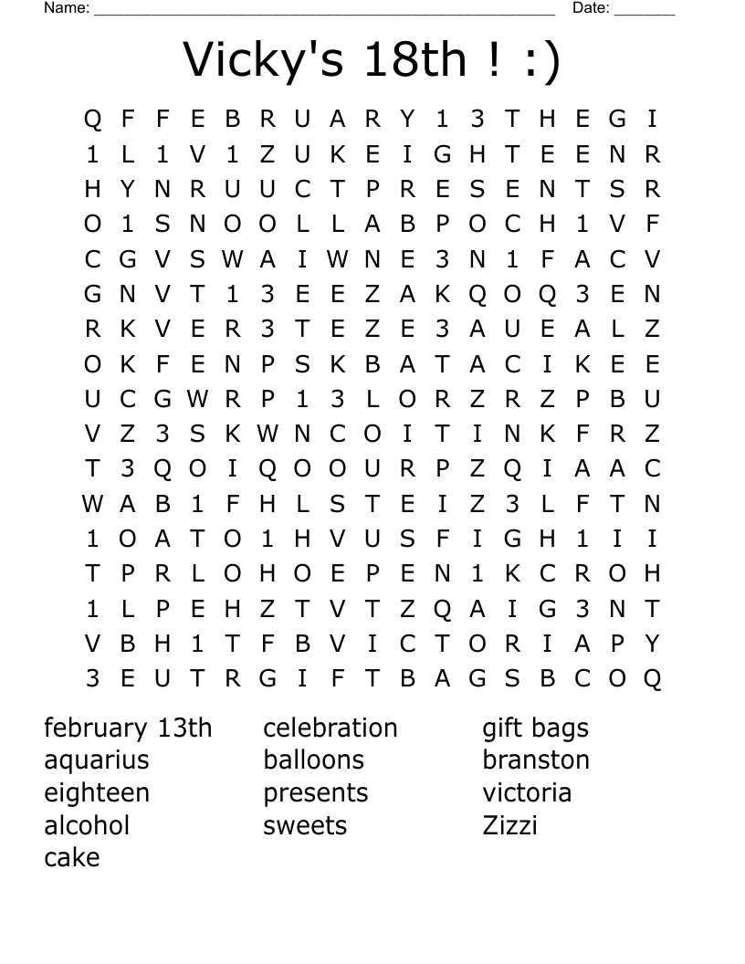 Vicky's 18th ! :) Word Search - WordMint