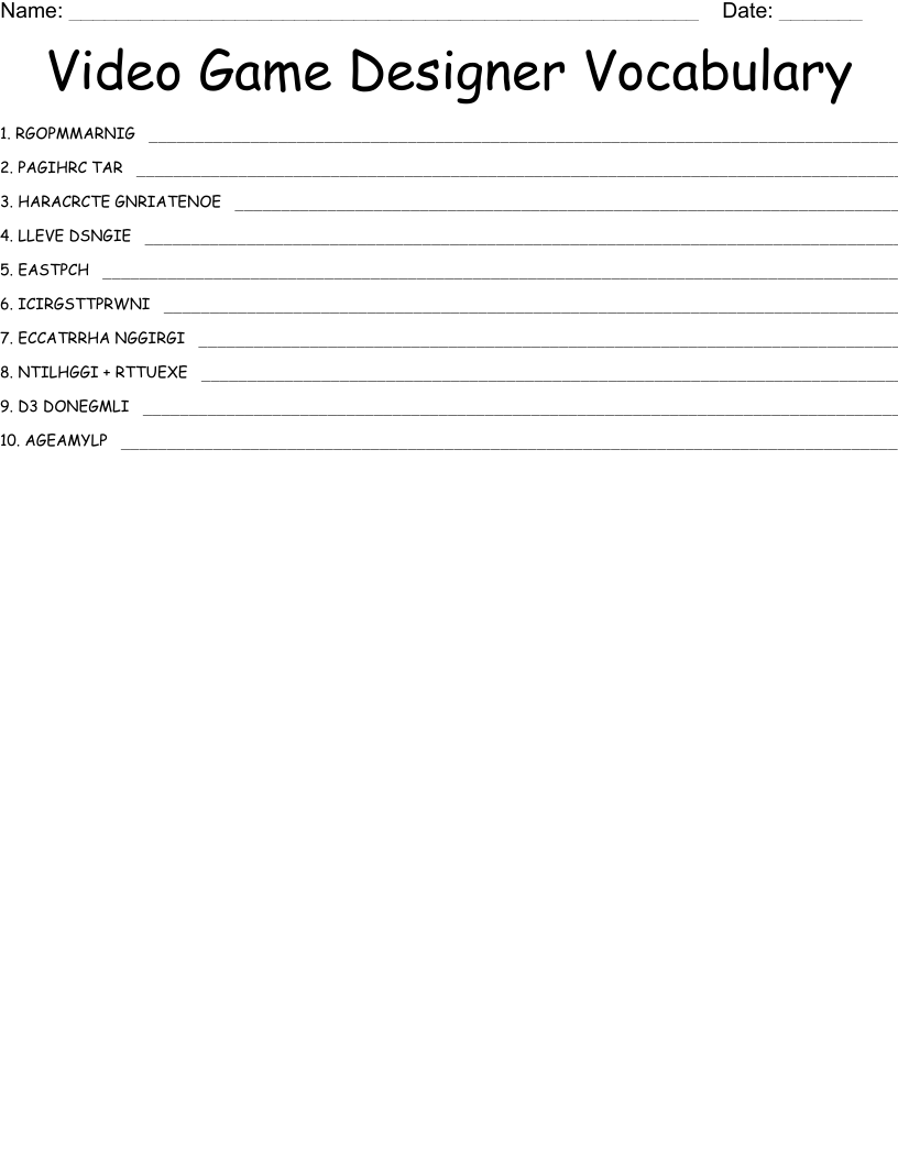 Video Game Designer Vocabulary Word Scramble - WordMint