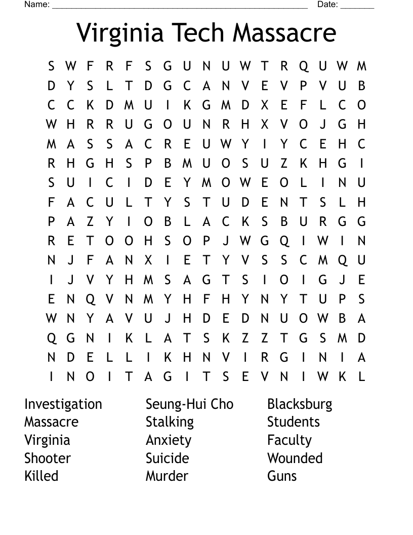 Virginia Tech Massacre Word Search - WordMint