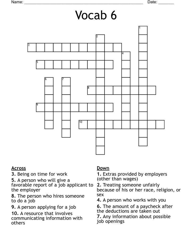 Vocab 6 Crossword - WordMint