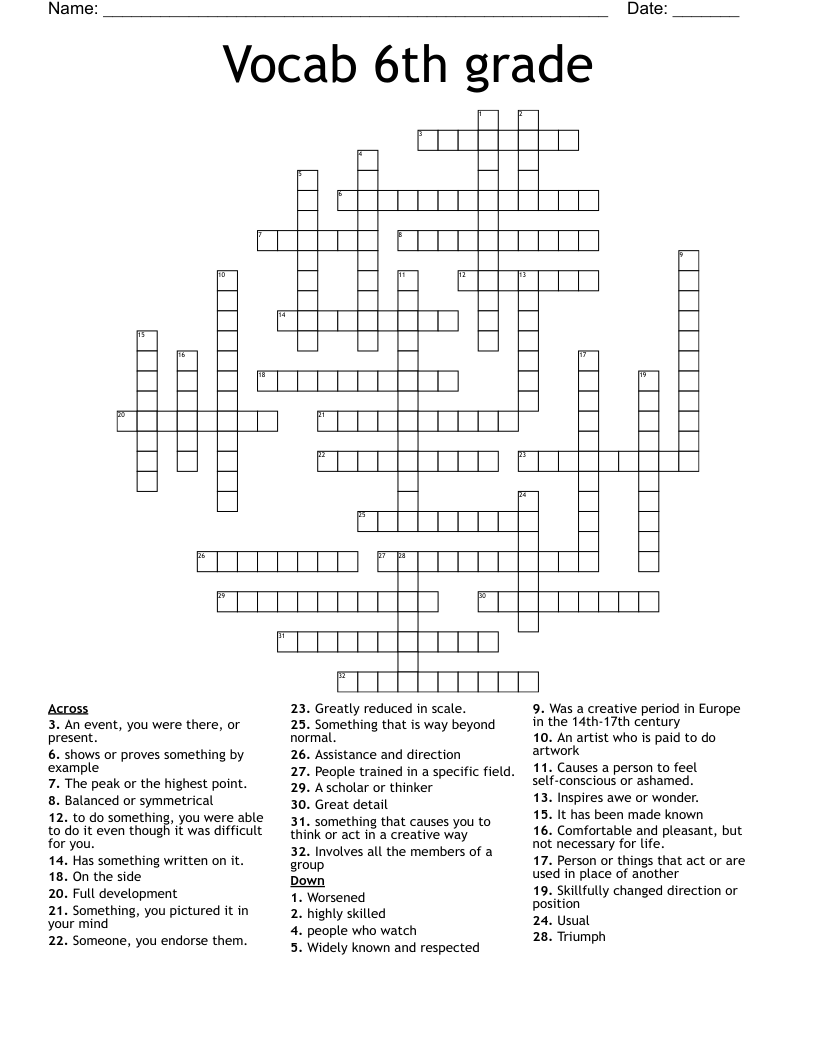 Vocab 6th grade Crossword - WordMint