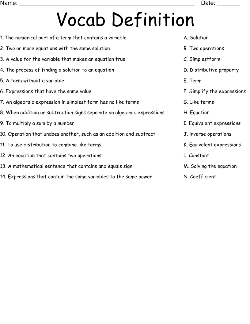 Vocab Definition Worksheet WordMint