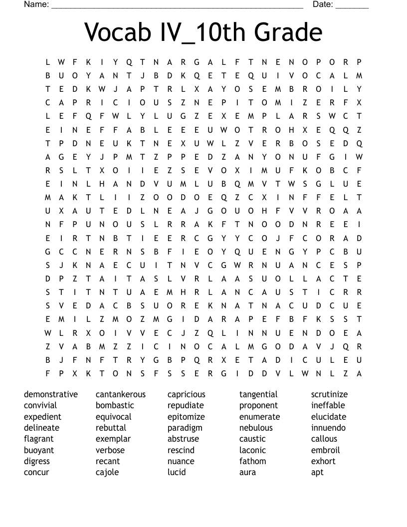Vocab IV 10th Grade Word Search WordMint