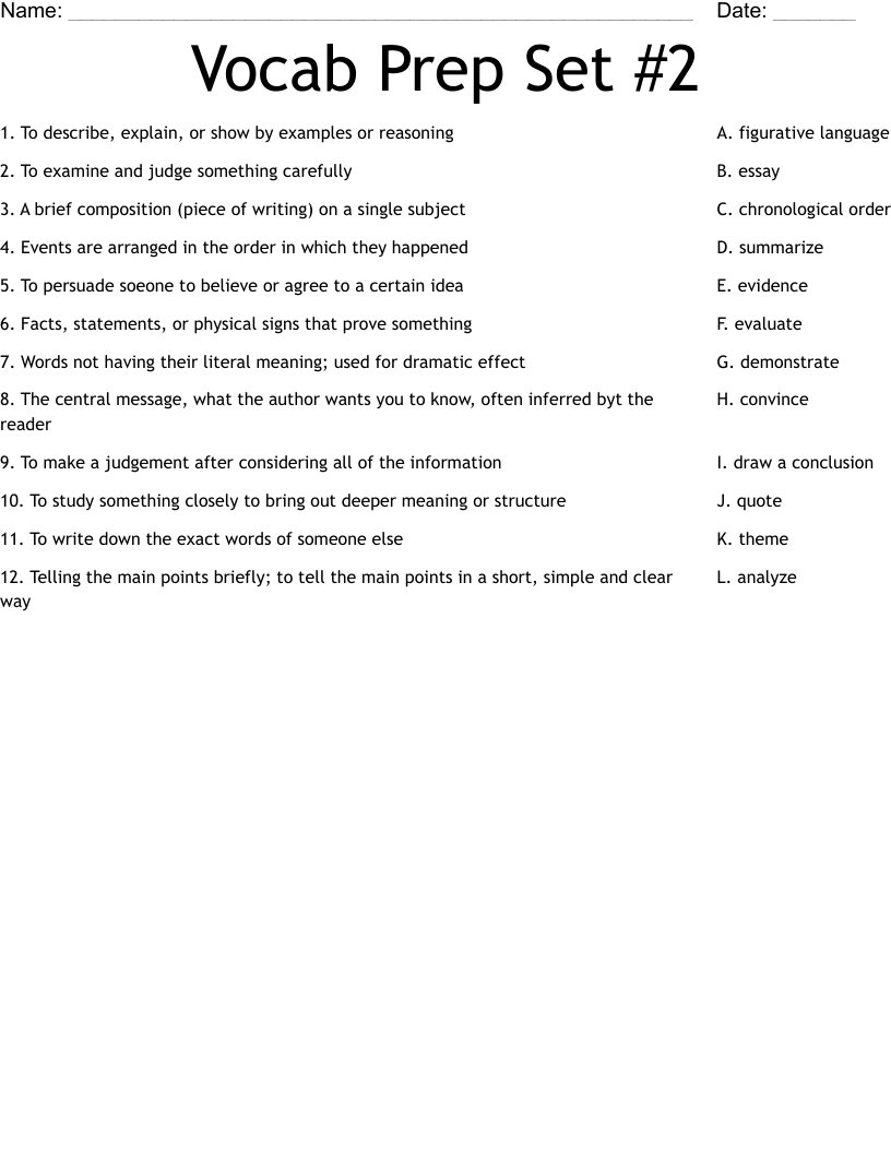 Vocab Prep Set #2 Worksheet - WordMint