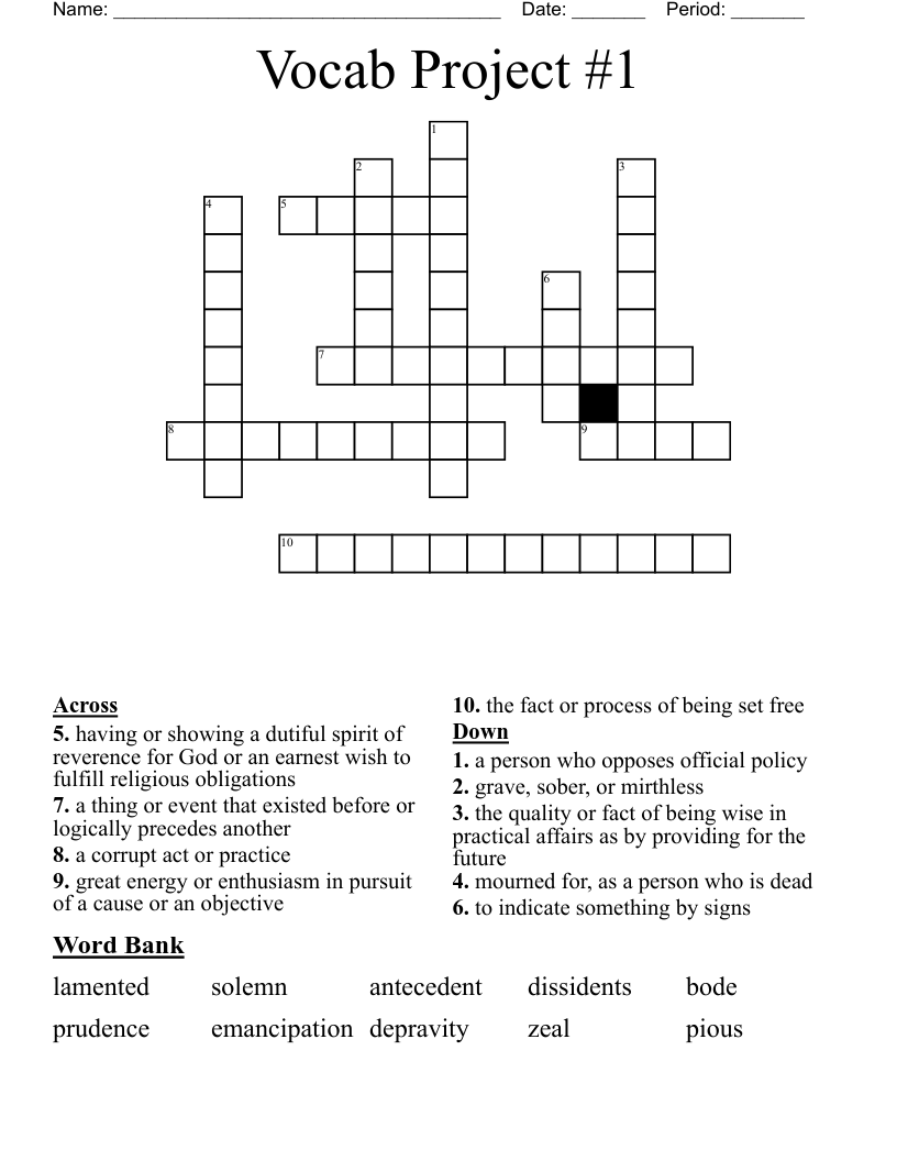 Vocab Project #1 Crossword - WordMint