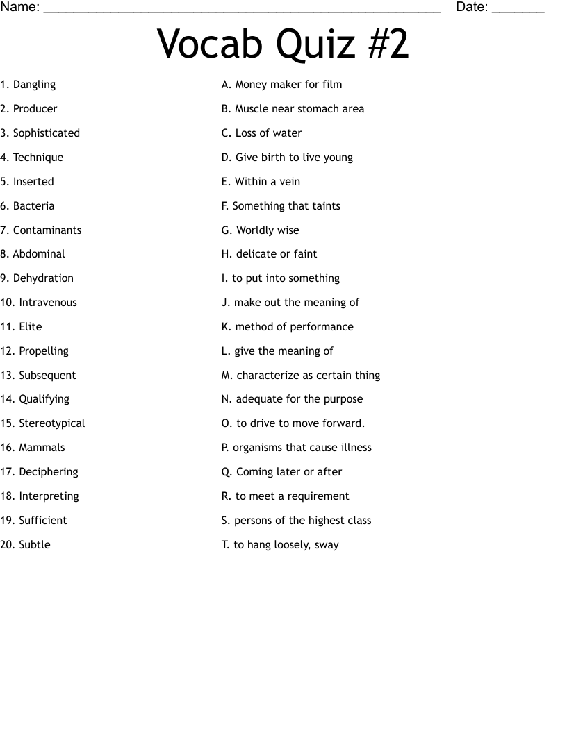 Vocab Quiz #2 Worksheet - WordMint