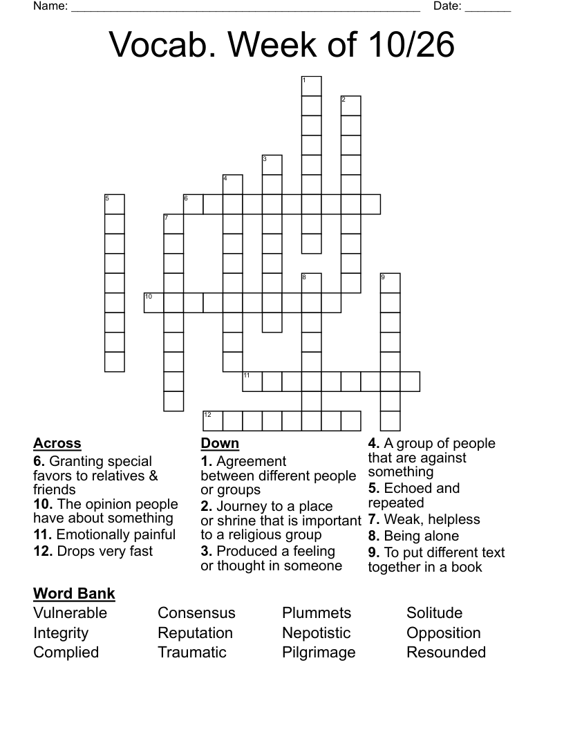 Vocab. Week of 10/26 Crossword - WordMint