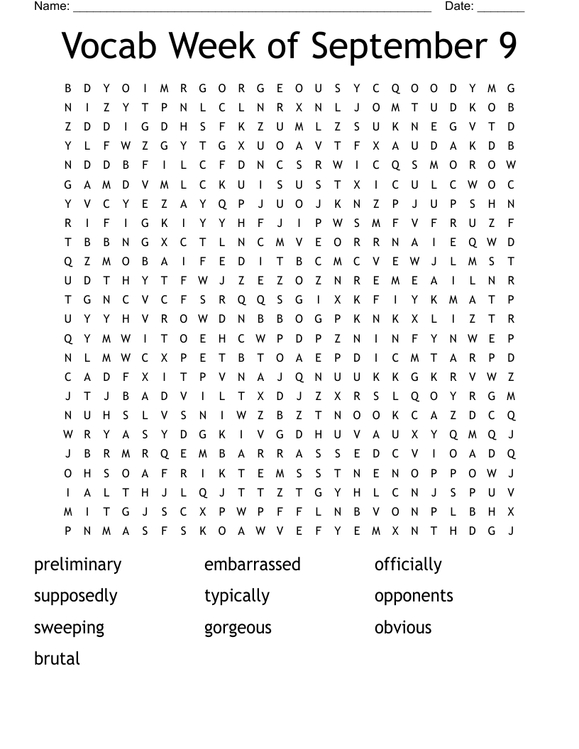 Vocab Week of September 9 Word Search - WordMint