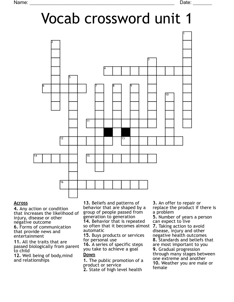 Vocab crossword unit 1 - WordMint