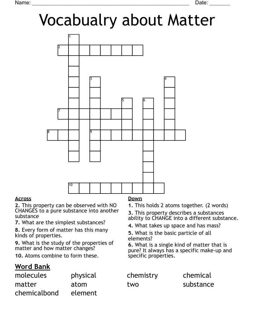 Vocabualry about Matter Crossword - WordMint