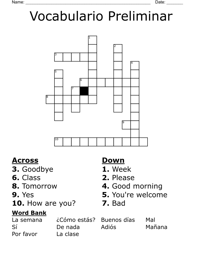 Vocabulario Preliminar Crossword - WordMint