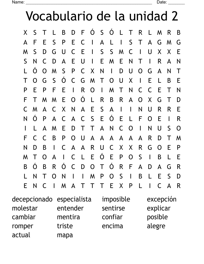 Vocabulario de la unidad 2 Word Search - WordMint