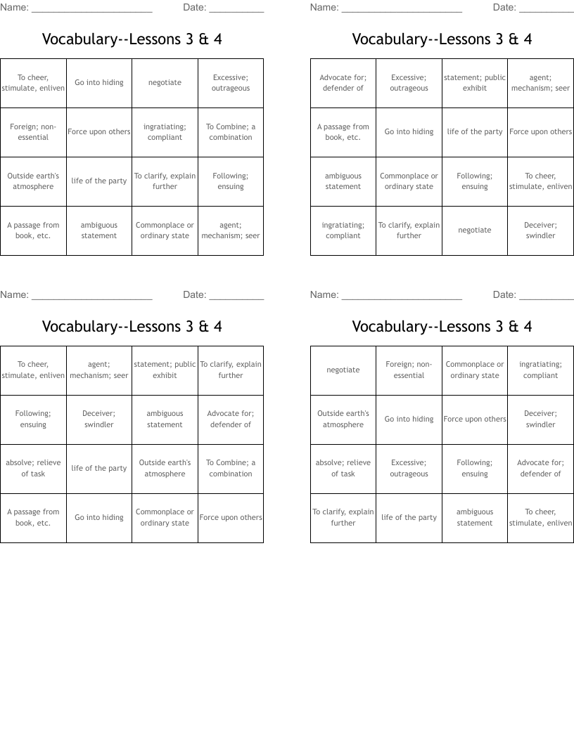 Vocabulary--Lessons 3 & 4 Bingo Cards - WordMint