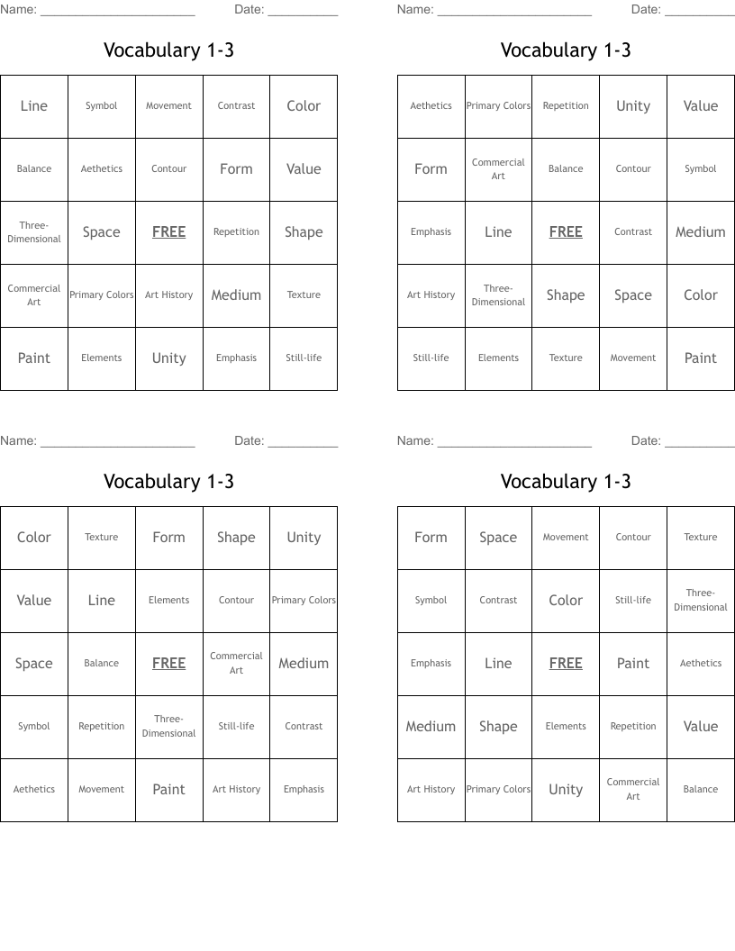 Vocabulary 1-3 Bingo Cards - WordMint