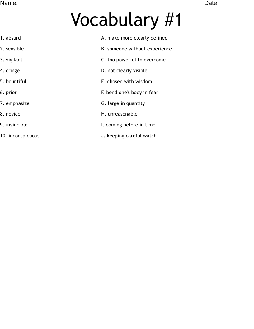 Vocabulary #1 Worksheet - WordMint