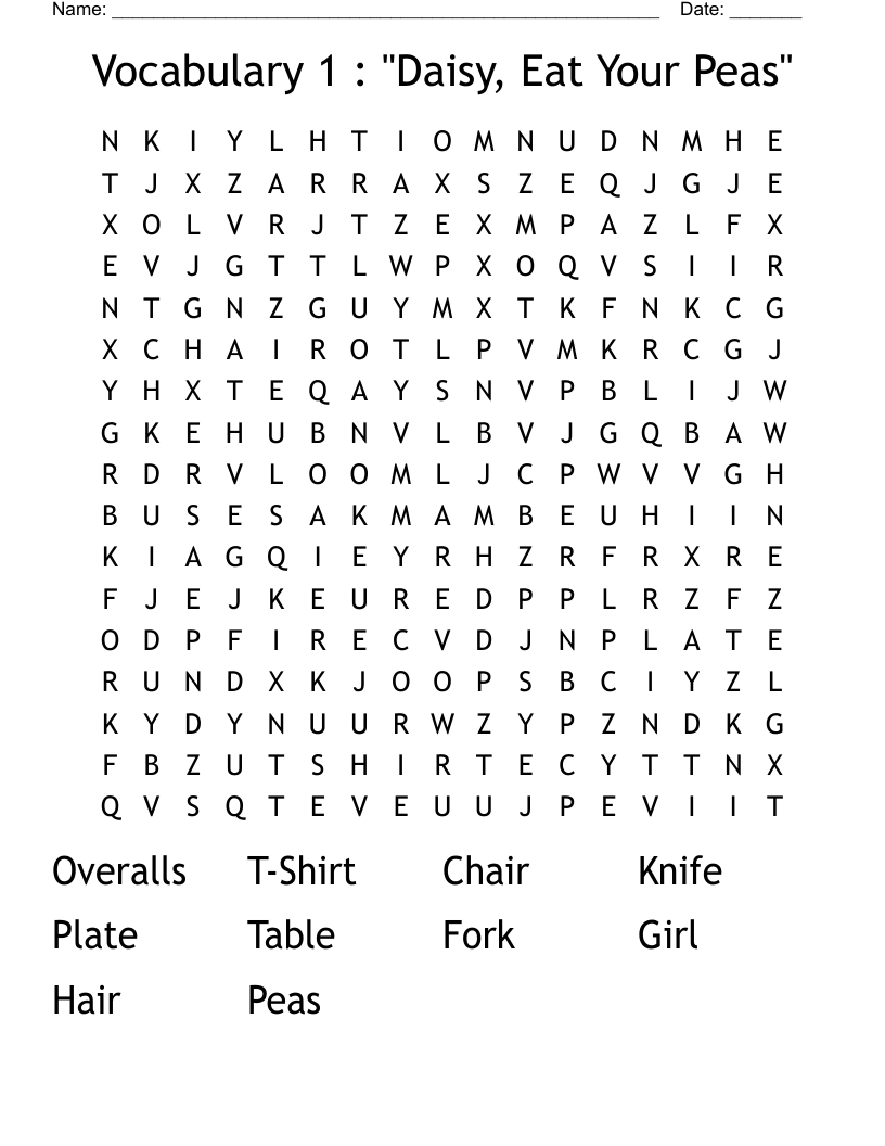 Vocabulary 1 : "Daisy, Eat Your Peas" Word Search - WordMint