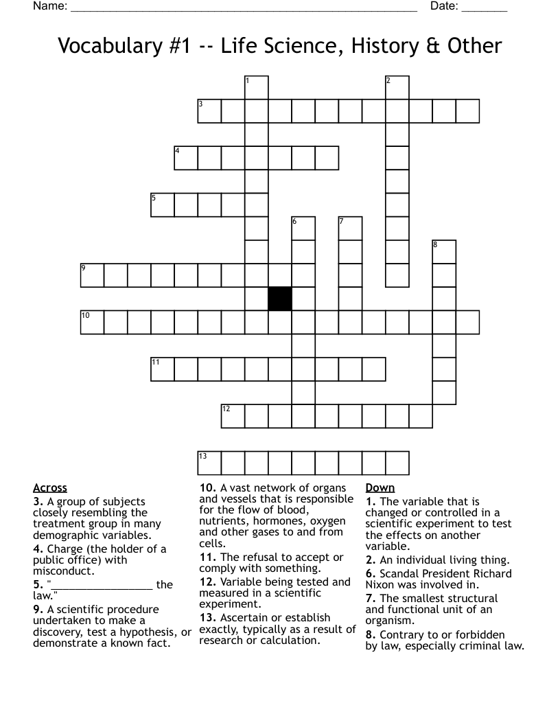 Vocabulary #1 -- Life Science, History & Other Crossword - WordMint